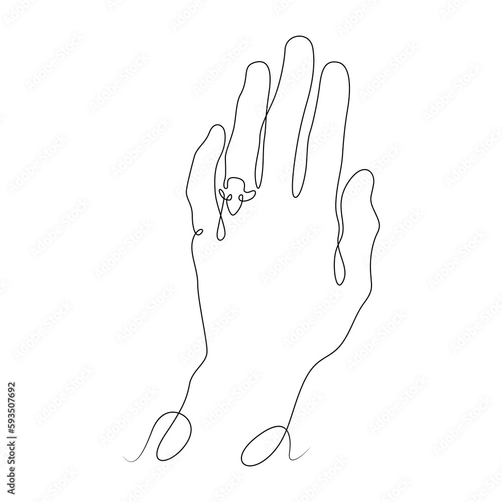 One continuous line.Ring on the female hand. Precious ring on the ...