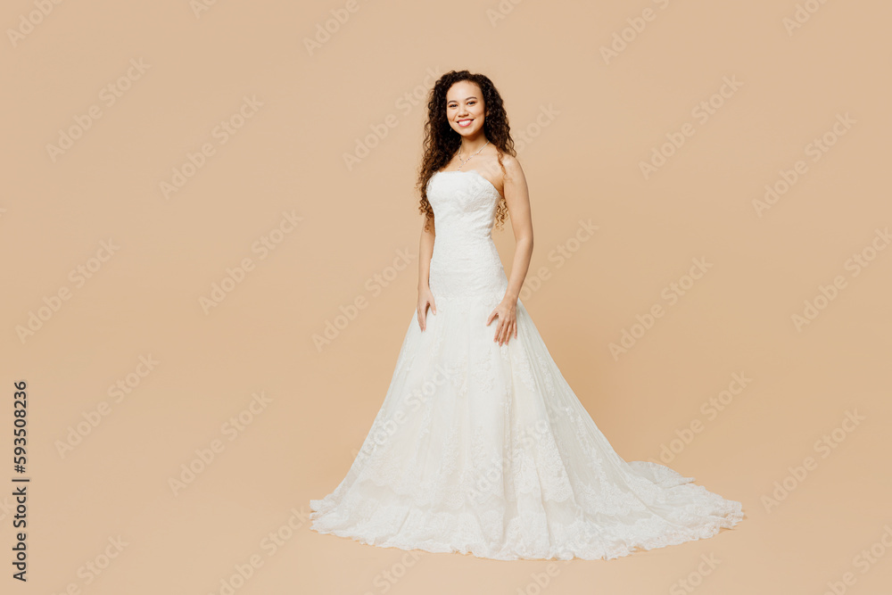 Full body smiling cheerful beautiful happy young woman bride wear ...