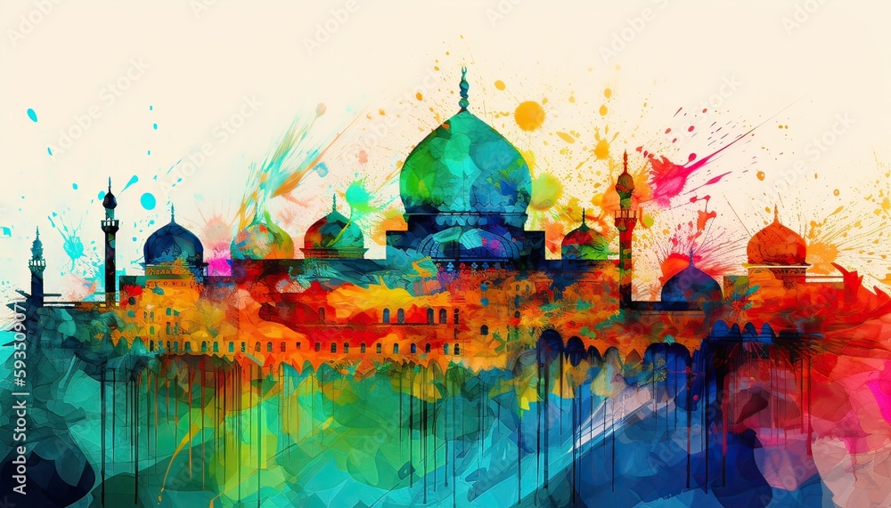 water color painting Arabic Islamic Typography design Mawlid al-Nabawai ...