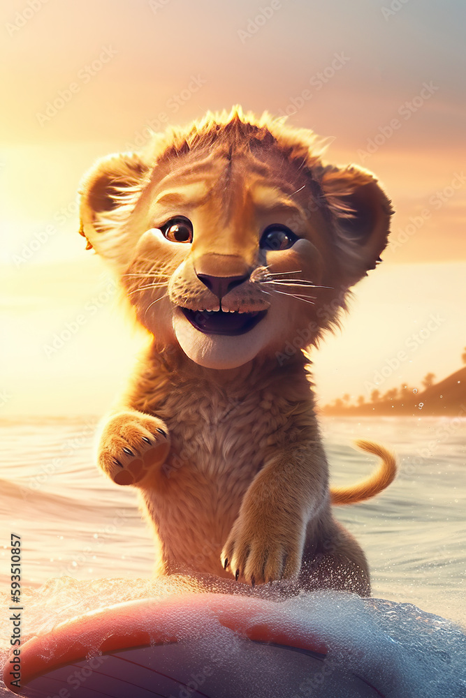 Lion cub surfer on a surfboard, having fun on the sea waves, animal ...