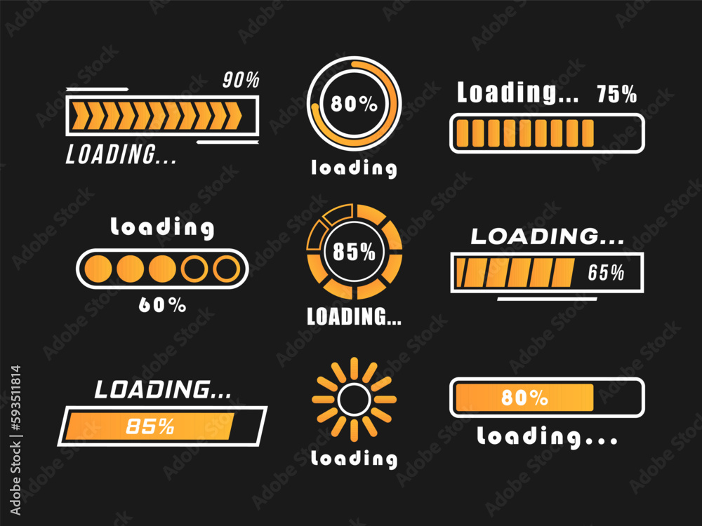 Web design template, loading interface. Loading bar progress icons ...