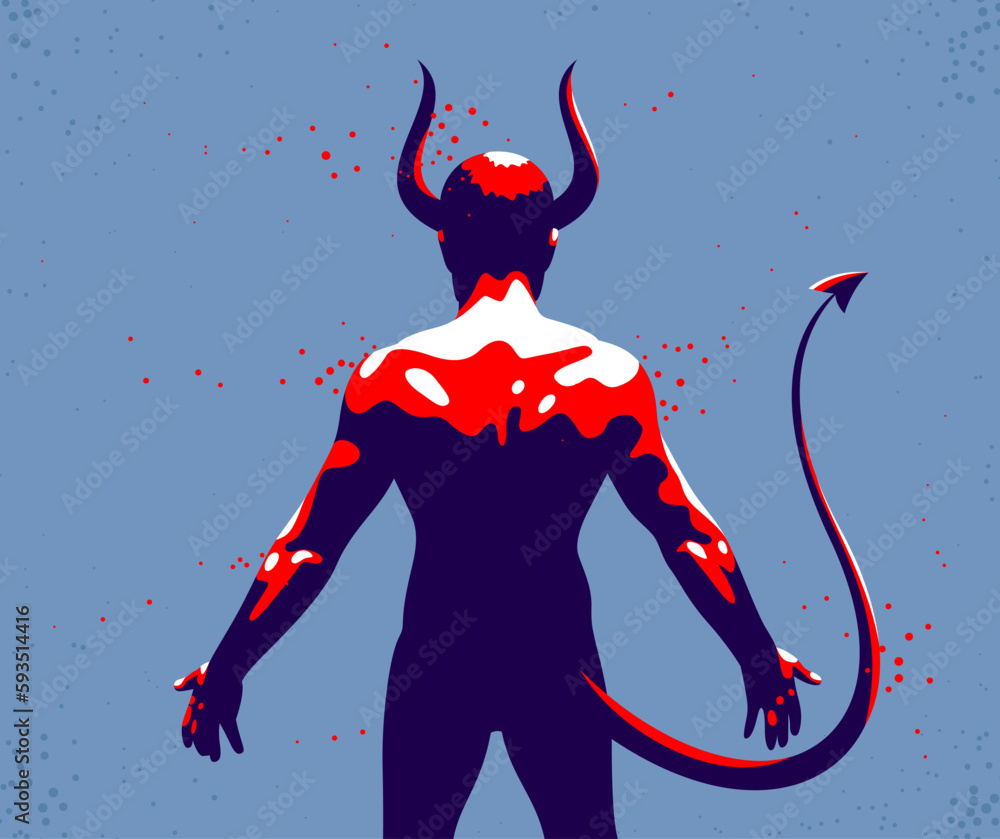 Devil muscular strong man with horns and tail from back view vector ...