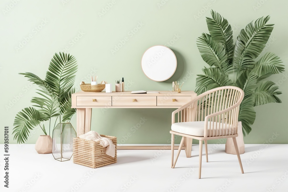 Nature-Inspired Workspace with Lush Greenery and Wooden Accents Stock ...