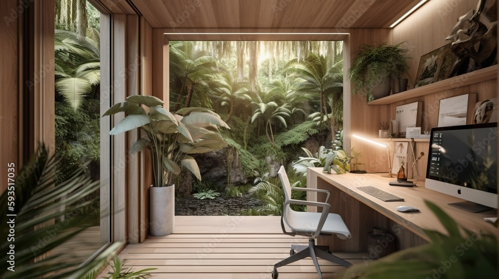 Nature-Inspired Workspace with Lush Greenery and Wooden Accents ...