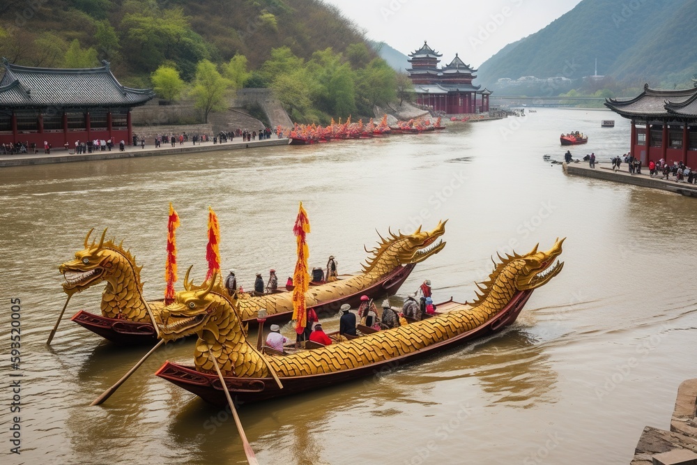 Traditional Chinese boats float on the river against the backdrop of ...