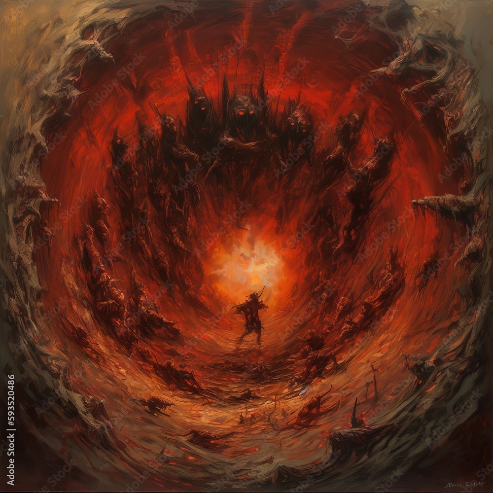 9 circles of Dante's hell painting. The image depicts the concept of ...