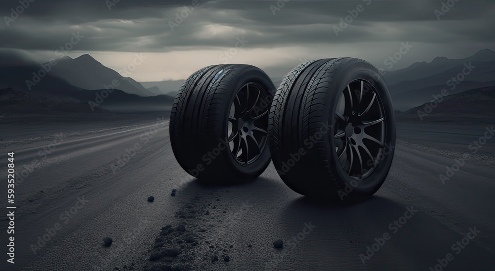 New car tires. Group of road wheels on dark background. Summer Tires ...