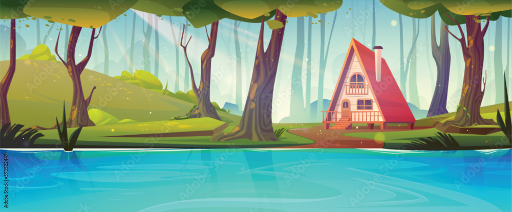 Cottage house in forest near river fairytale background illustration ...