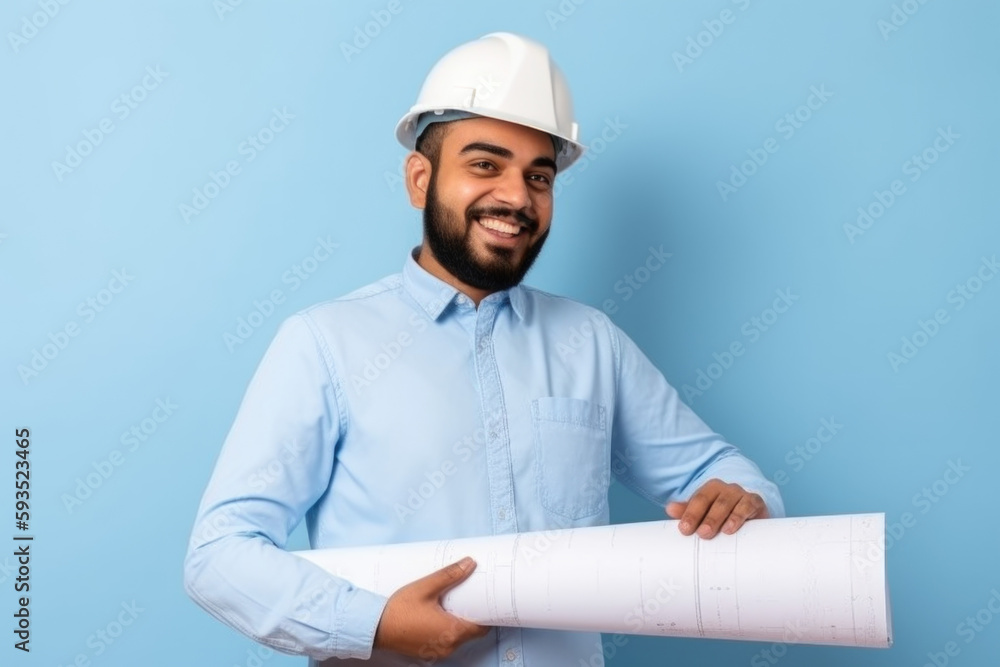 Building the Future: Smiling House-builder, engineer holding blueprint ...