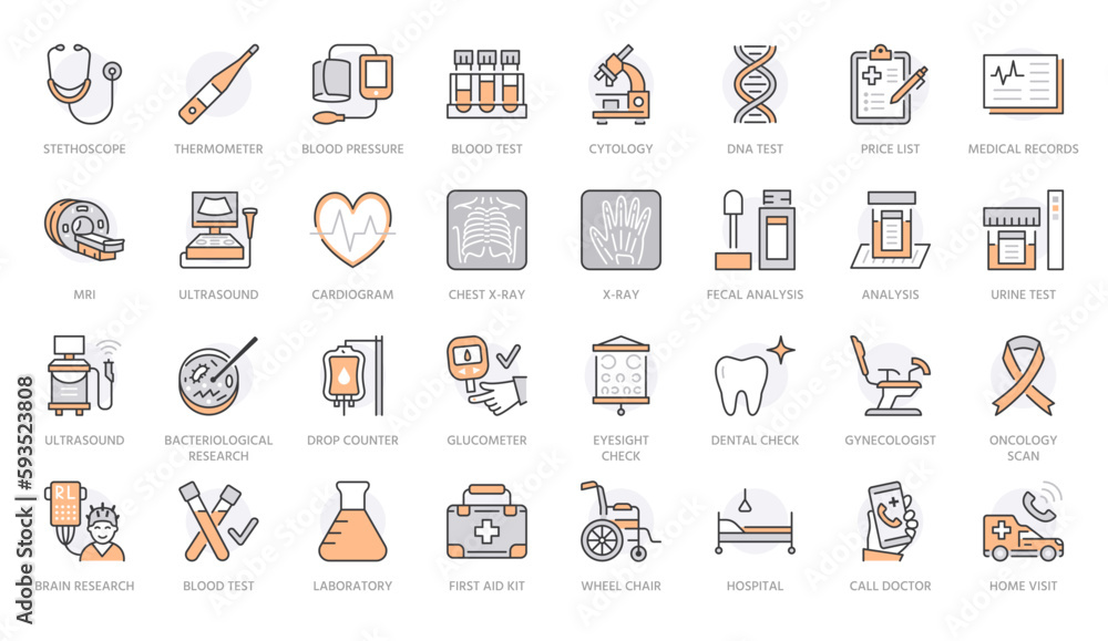 Medical diagnostic line icons. Mri, xray, ultrasound, glucometer ...