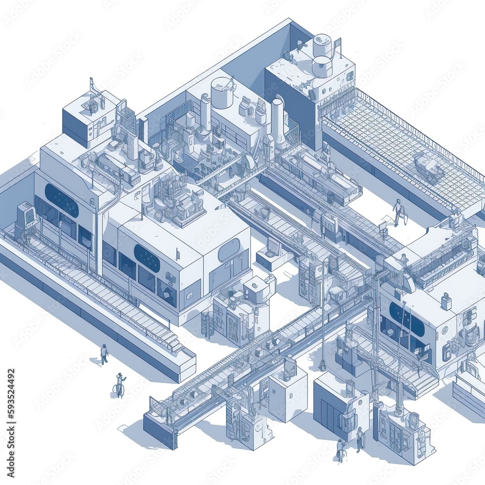 An illustration of a factory with multiple production lines ...