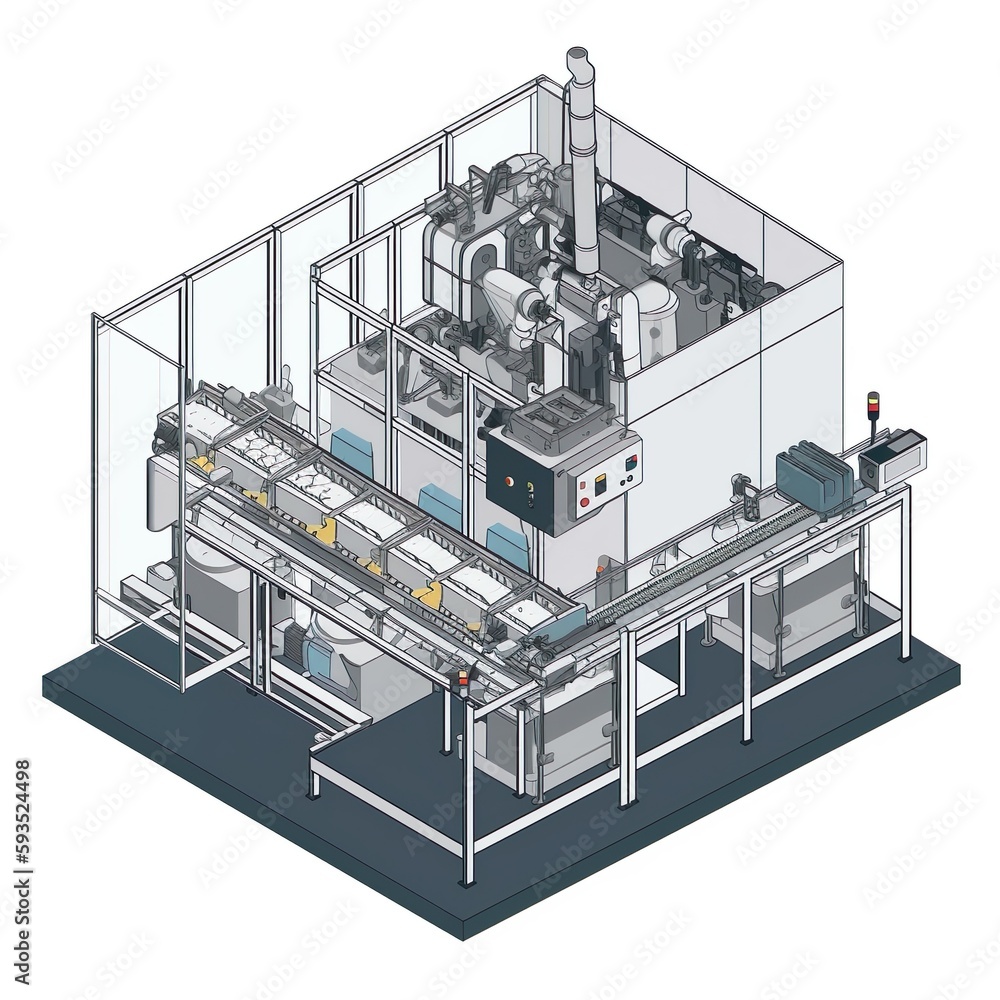 An illustration of a factory with multiple production lines ...