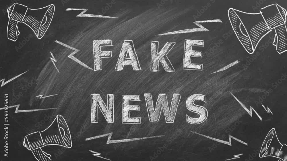 Megaphones with the lettering FAKE NEWS drawn in chalk on a blackboard ...