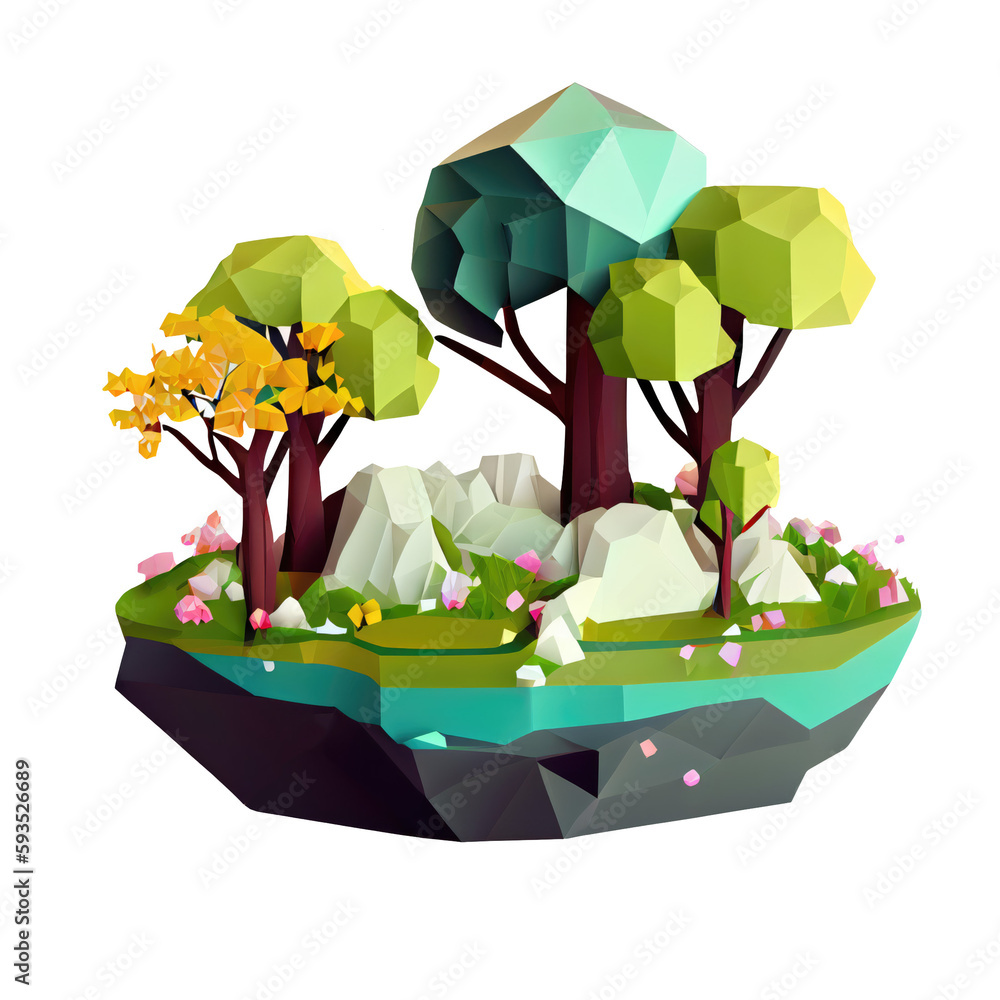 3d Cute Icon Spring Tree Cartoon Isometric Illustration On Floating Island Low Poly Style