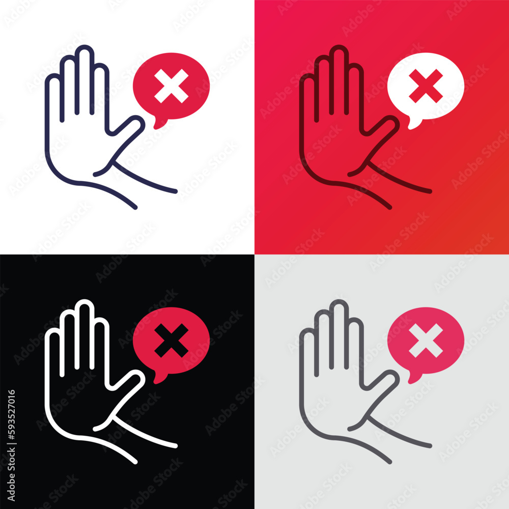 Warning symbol. Stop hand gesture and speech bubble with cross mark ...