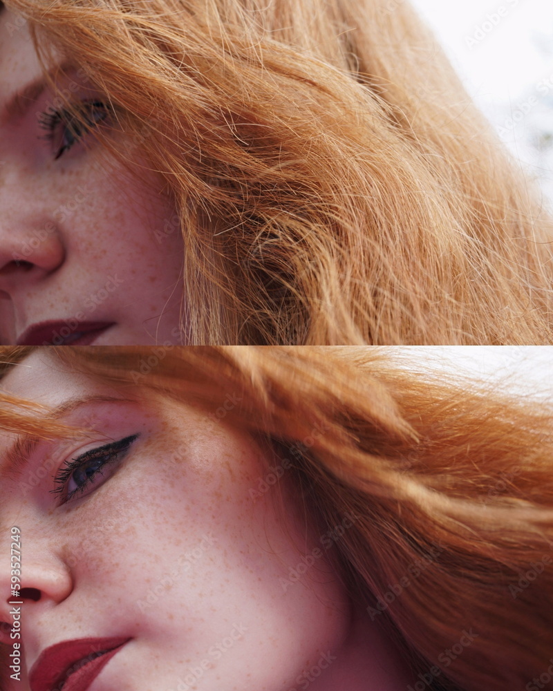young redhead girl, woman with freckles, face close, freckled, red lips ...