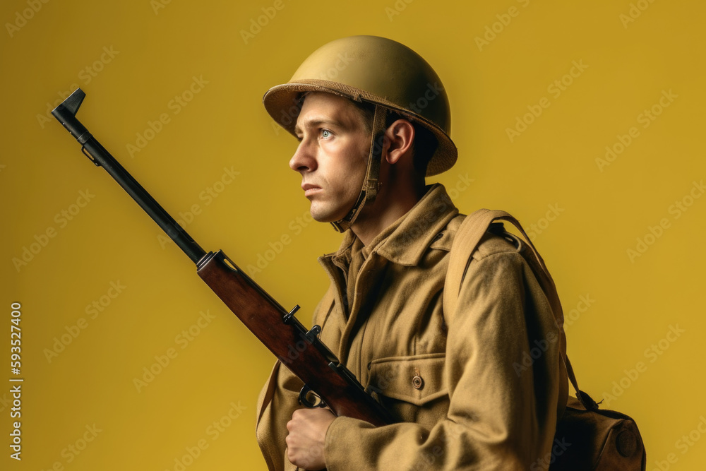 Remembering History. World War II soldier holding a rifle isolated on ...