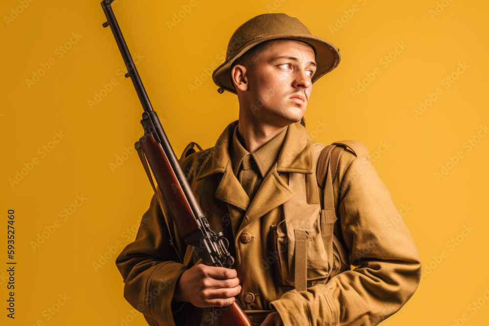 Remembering History. World War II soldier holding a rifle isolated on ...