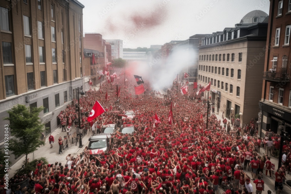 The scene shows a massive and spirited group of sports fans making ...
