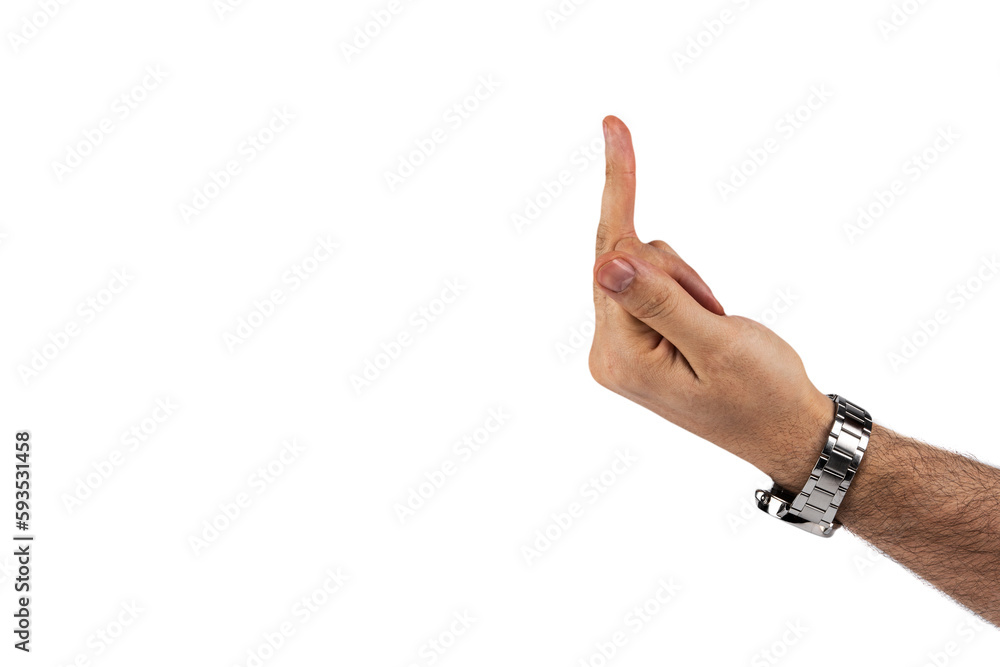 Male hand isolated on white background. Gestures shown by hand. Middle ...