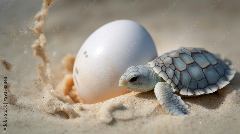 Baby turtles hatching from a cracking egg and running to the sea on the ...