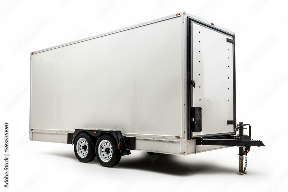 Back view of closed trailer isolated over white background. Mockup ...