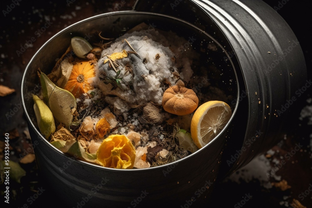 Food waste concept. Biodegradable waste in metal trash bin. Generative ...