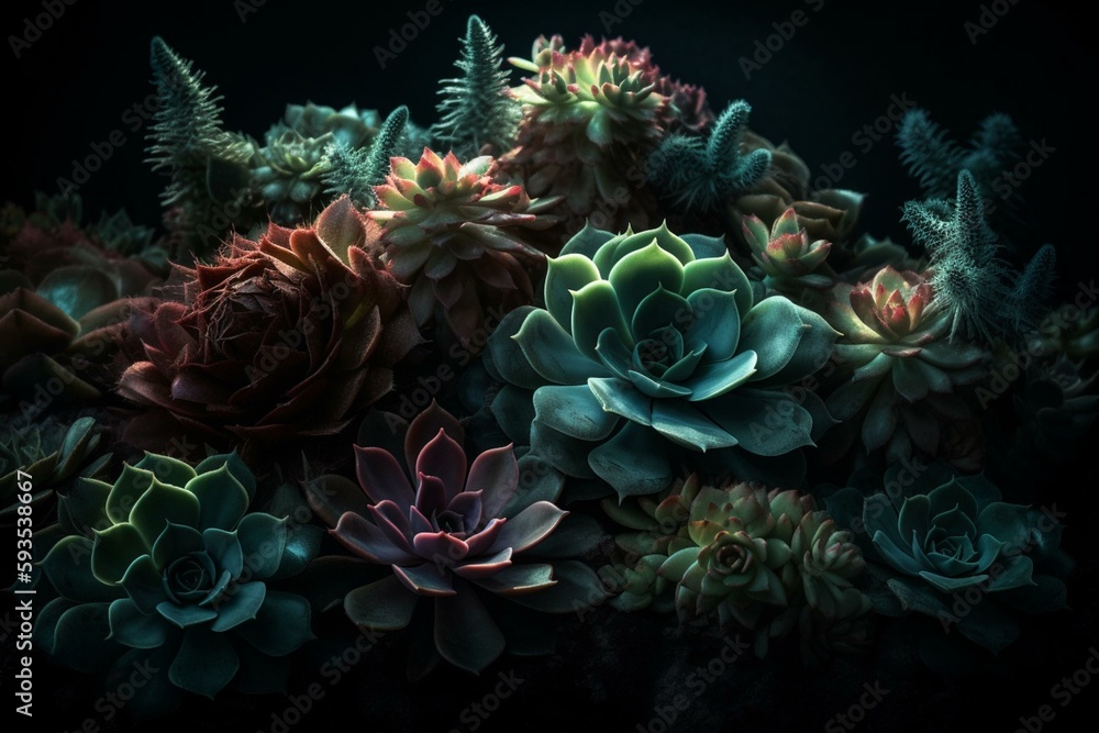 Fractal of succulents and plants, focus stacked, on an isolated black ...