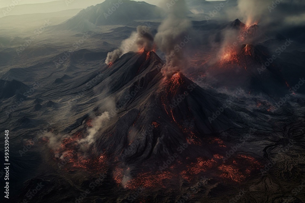 Fantasy illustration aerial view of evil land of ash, smoke and fire ...