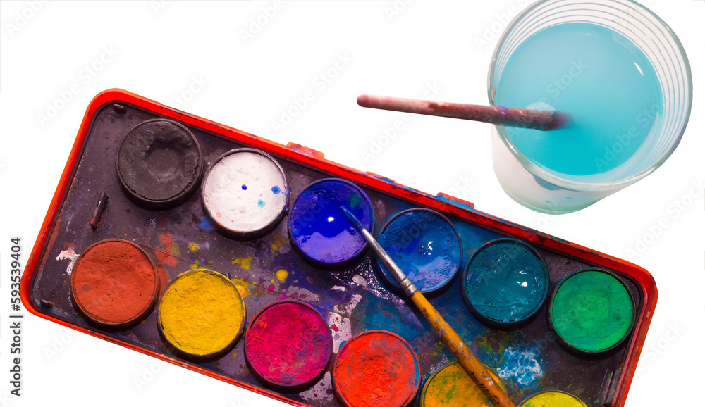 PNG Watercolor painting palette with glass of paint water next to it ...