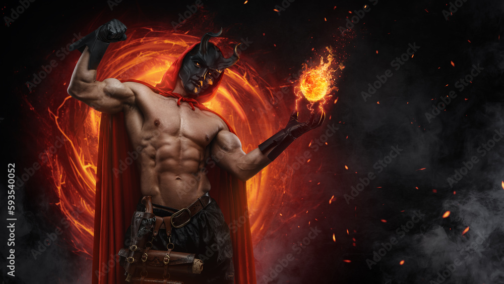 Art of medieval wizard with naked torso and muscular body against dark ...