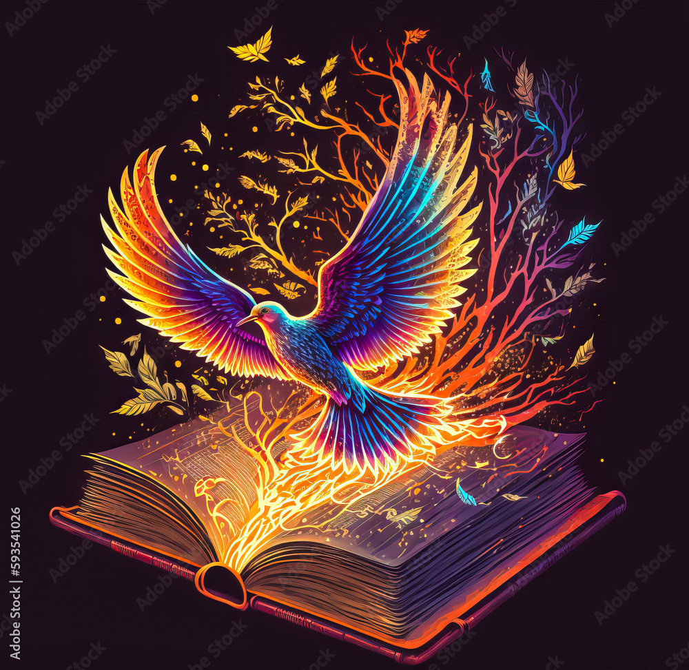 Digital illustration of an open book releasing phoenixes, representing ...