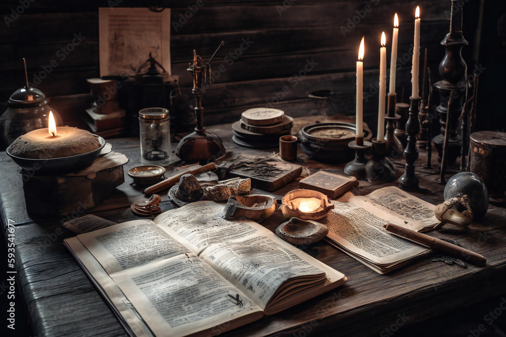 Astrologist old desk with divination and hermetic ritual objects ...