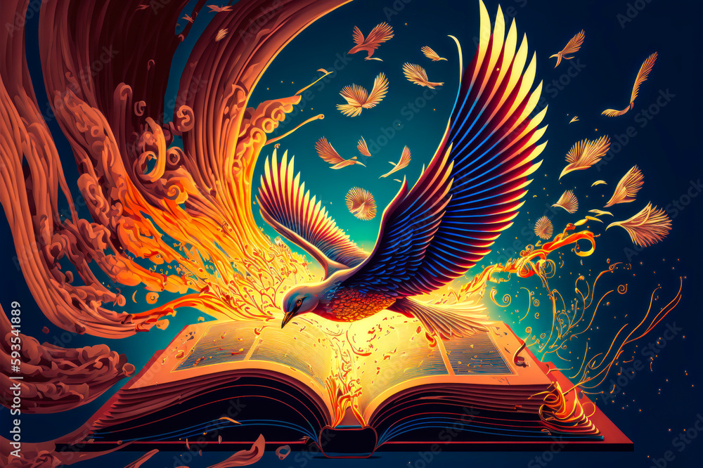 An open book releases a flock of phoenixes symbolizing rebirth and ...