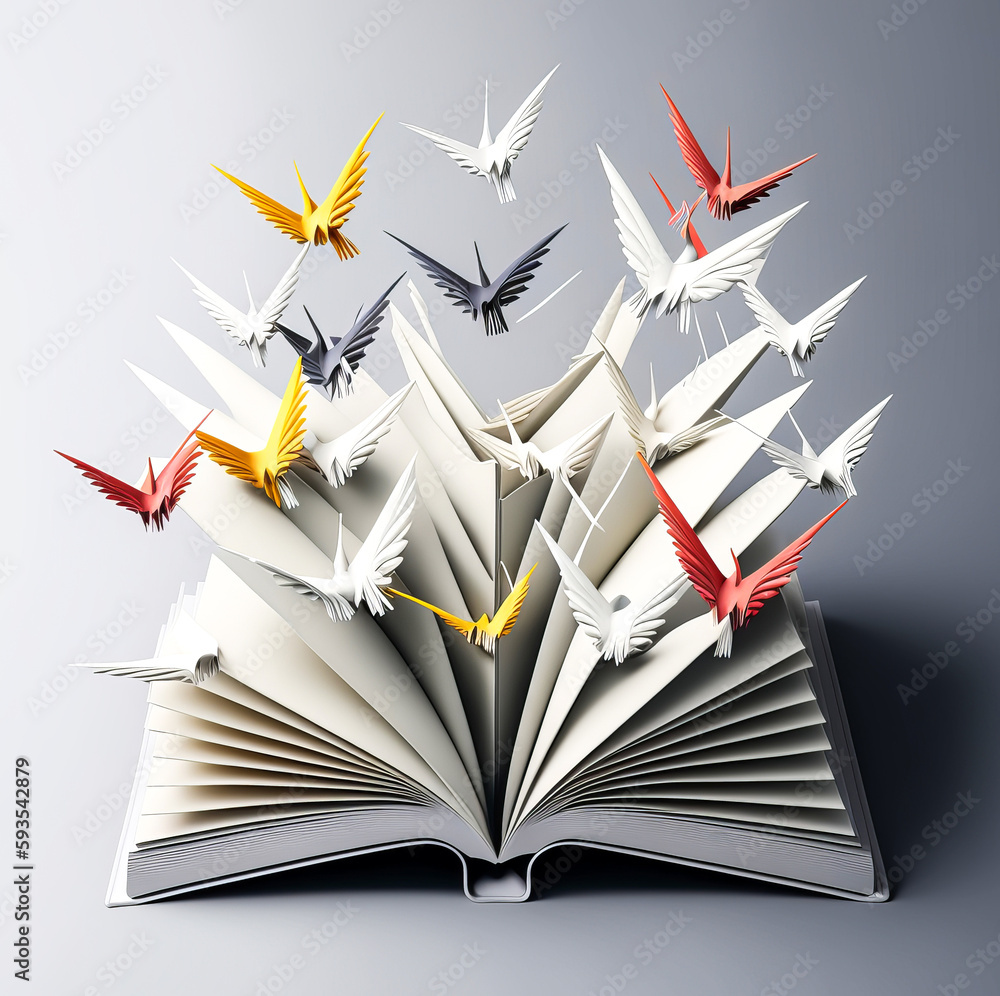 Open book releasing origami birds symbolizing potential, simplicity and elegance. Monochromatic ...