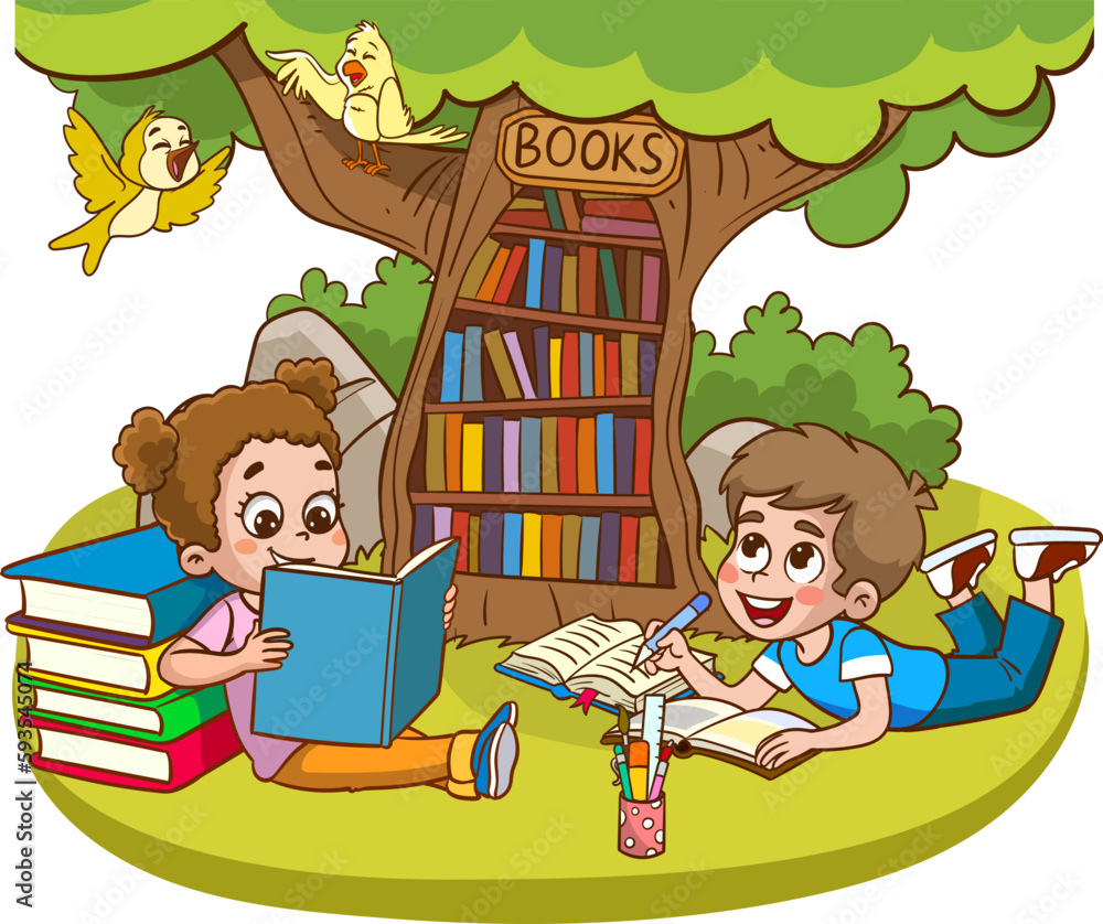 Children Reading Book At Nature cartoon vector Stock Vector | Adobe Stock