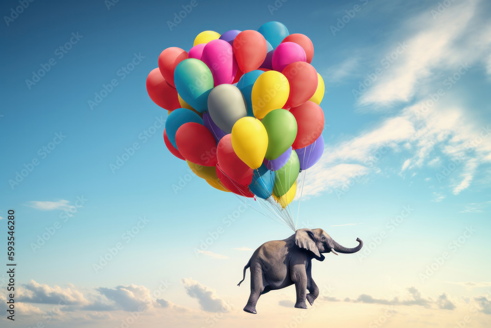 A surreal and magical scene featuring an elephant floating with ...