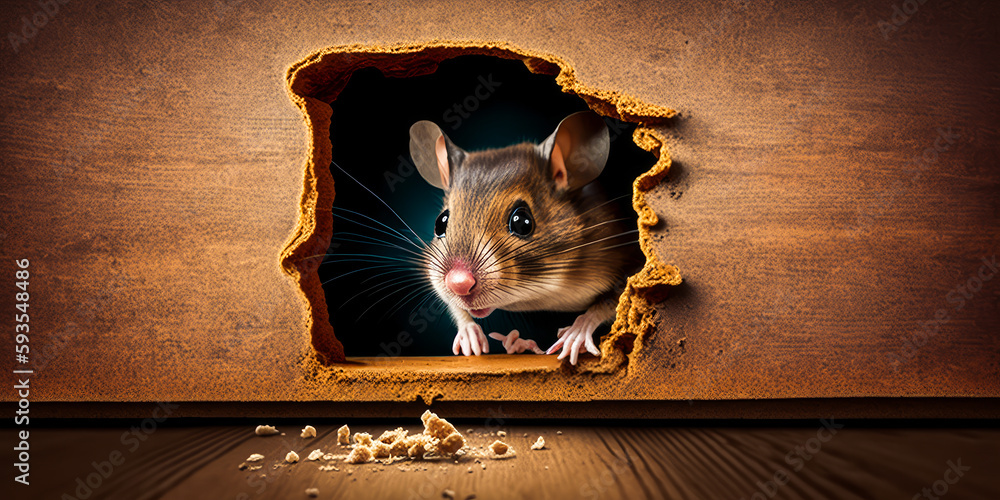 Small gnawing mouse cautiously takes its head out of a hole dug in the ...