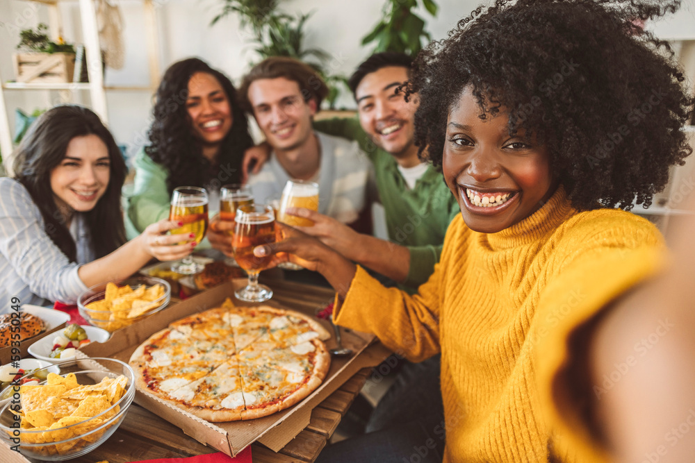 Happy group of friends making selfie drinking beer at restaurant bar ...