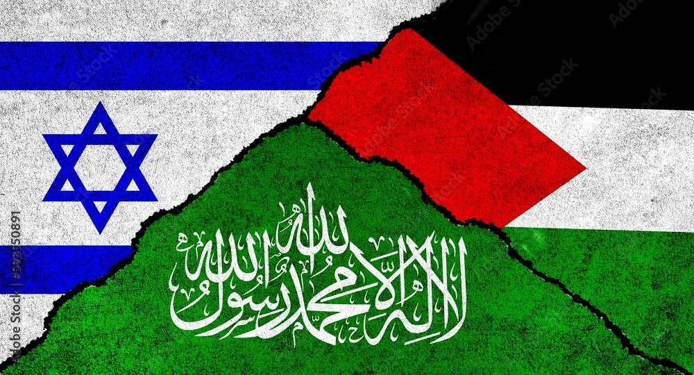 Palestine, Hamas and Israel flag together on a textured background ...