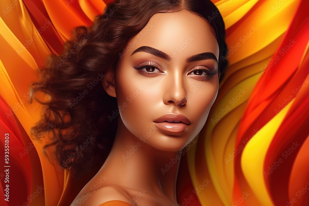 Beautiful latina girl on red and yellow patterned background for ...