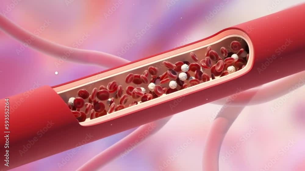 Red blood cells flow inside an artery, cross section artery view ...