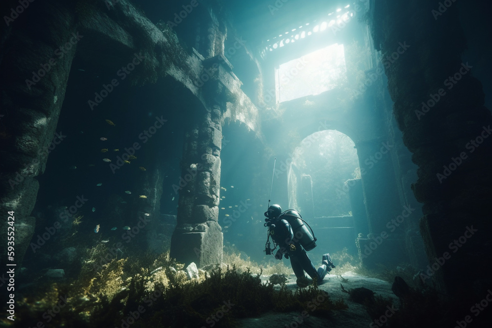 Exploring the Ancient Sunken Ruins: Divers Beneath the Waves Stock ...