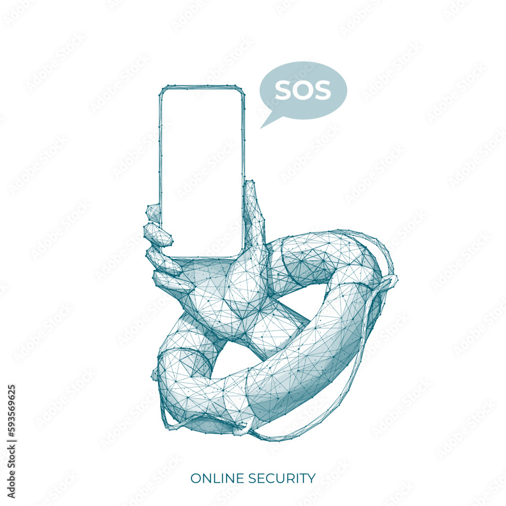 Abstract hand holding a phone comes out of a lifebuoy. Digital SOS ...