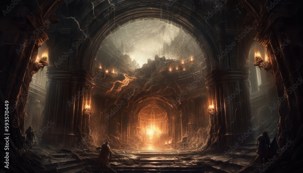 Portal to hell, featuring a terrifying gateway with fiery flames, smoke ...