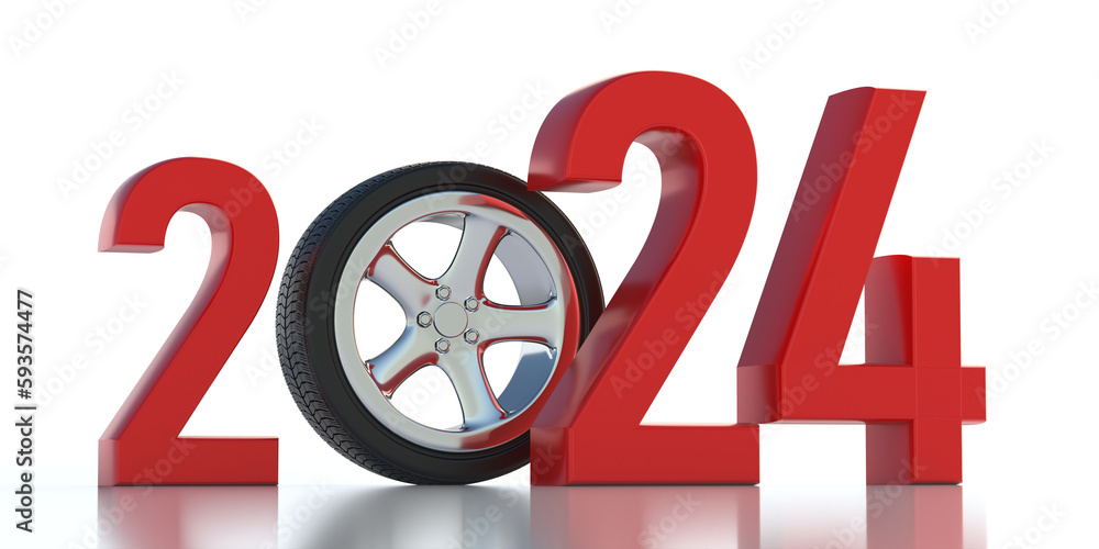 2024 New Year, tire on alloy wheel between red digit isolated on white ...