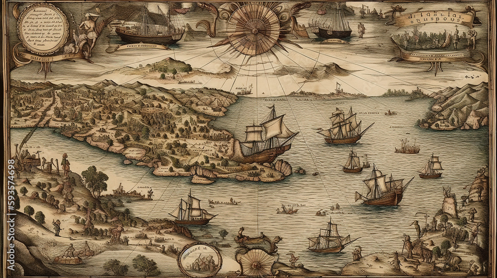 Historical map, treasure map, pirate map with pirate ships, islands and ...