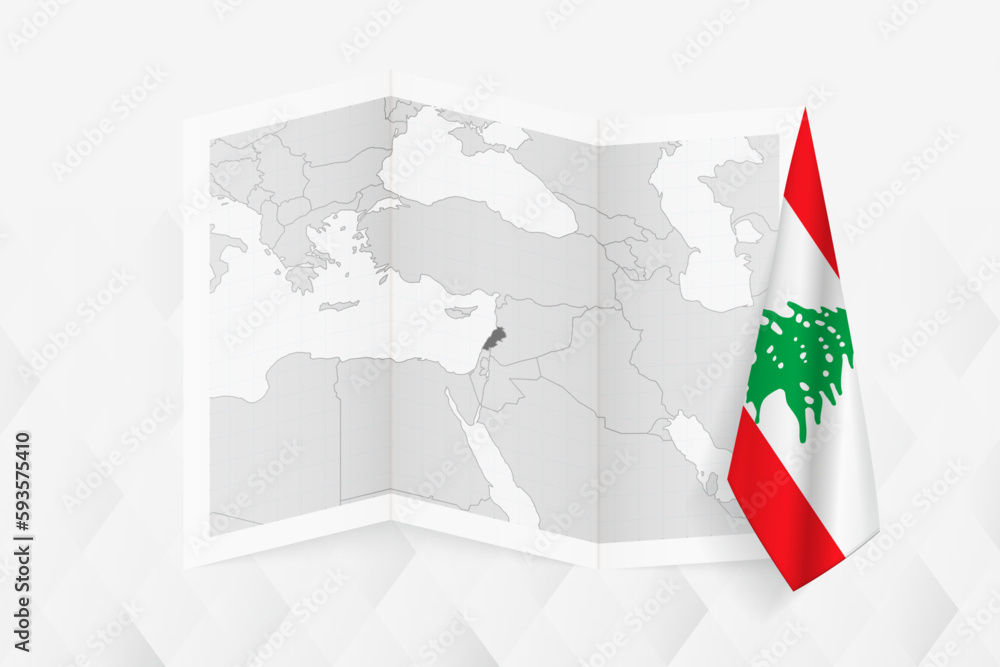 A grayscale map of Lebanon with a hanging Lebanese flag on one side ...