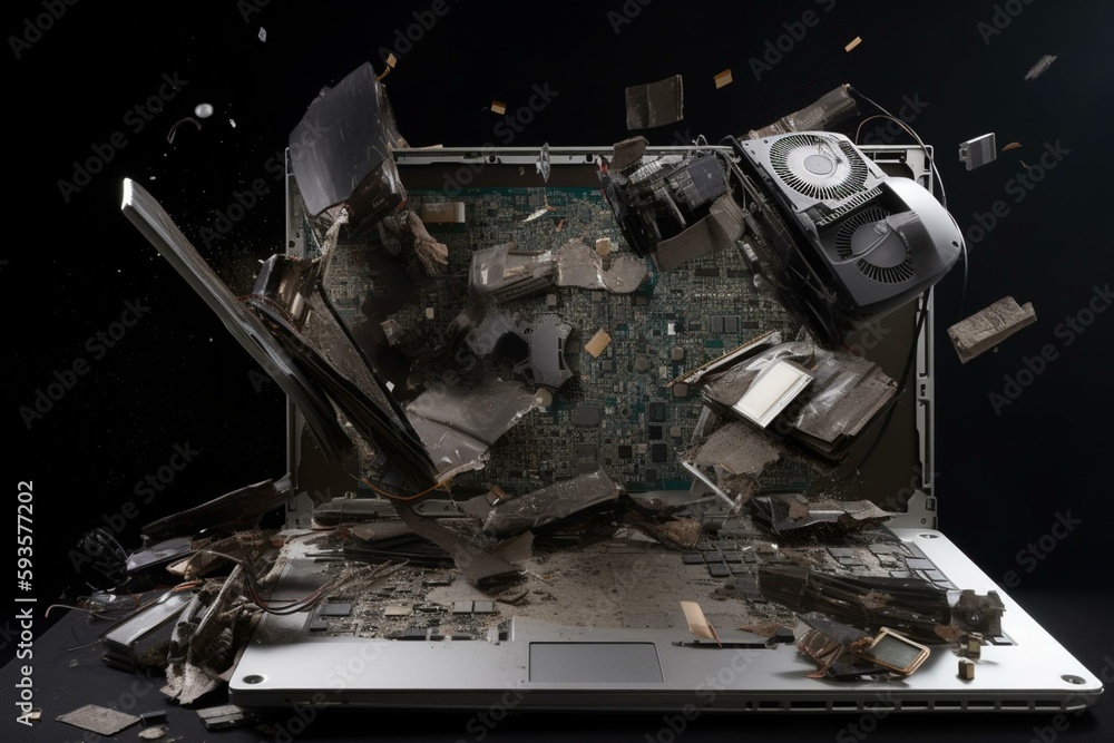 flying parts of a notebook computer. hardware components mainboard cpu ...