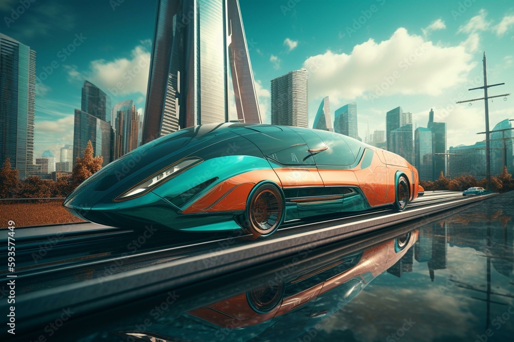 Retro futuristic bullet train in a teal and orange vintage art deco ...